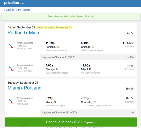 American – $282: Portland – Miami (and vice versa). Roundtrip ...