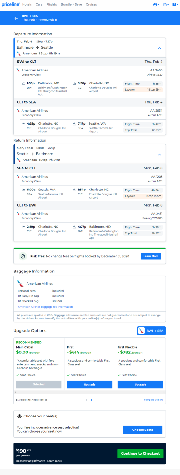 American: Baltimore – Seattle (and vice versa) $198. Roundtrip ...