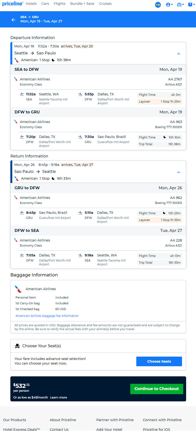 American: Seattle – Sao Paulo, Brazil. $532. Roundtrip, including all ...