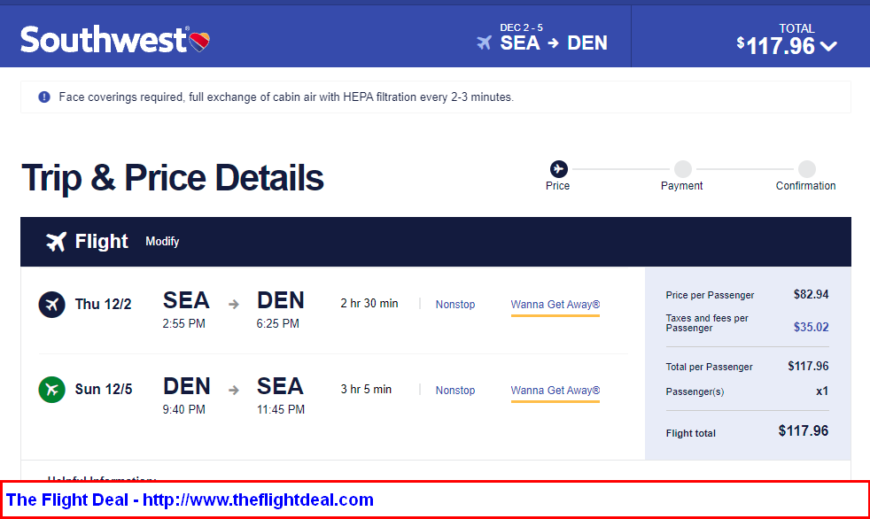 Southwest: Seattle – Denver (and vice versa). $118. Roundtrip ...