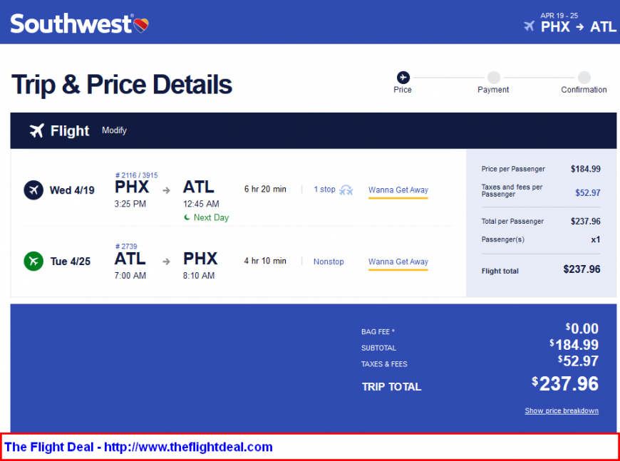 Southwest: Phoenix – Atlanta (and vice versa). $238. Roundtrip ...