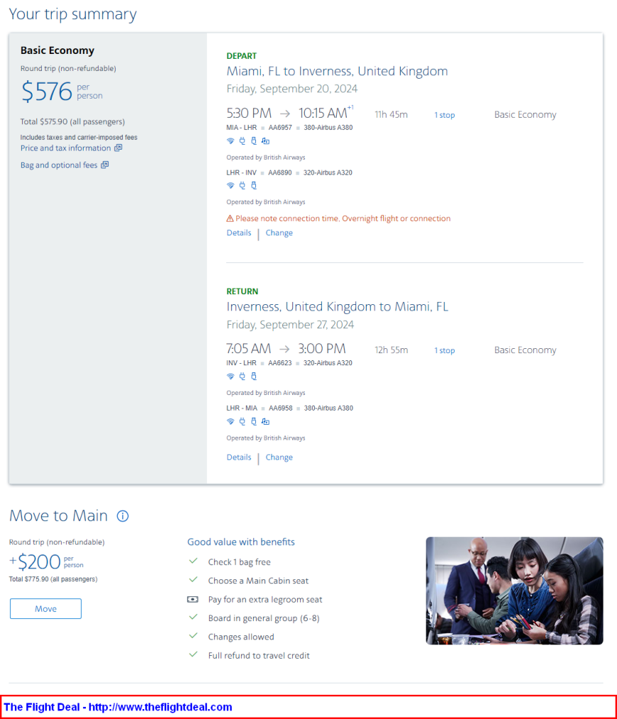 American: Miami – Inverness, Scotland. $576 (Basic Economy) / $776 ...