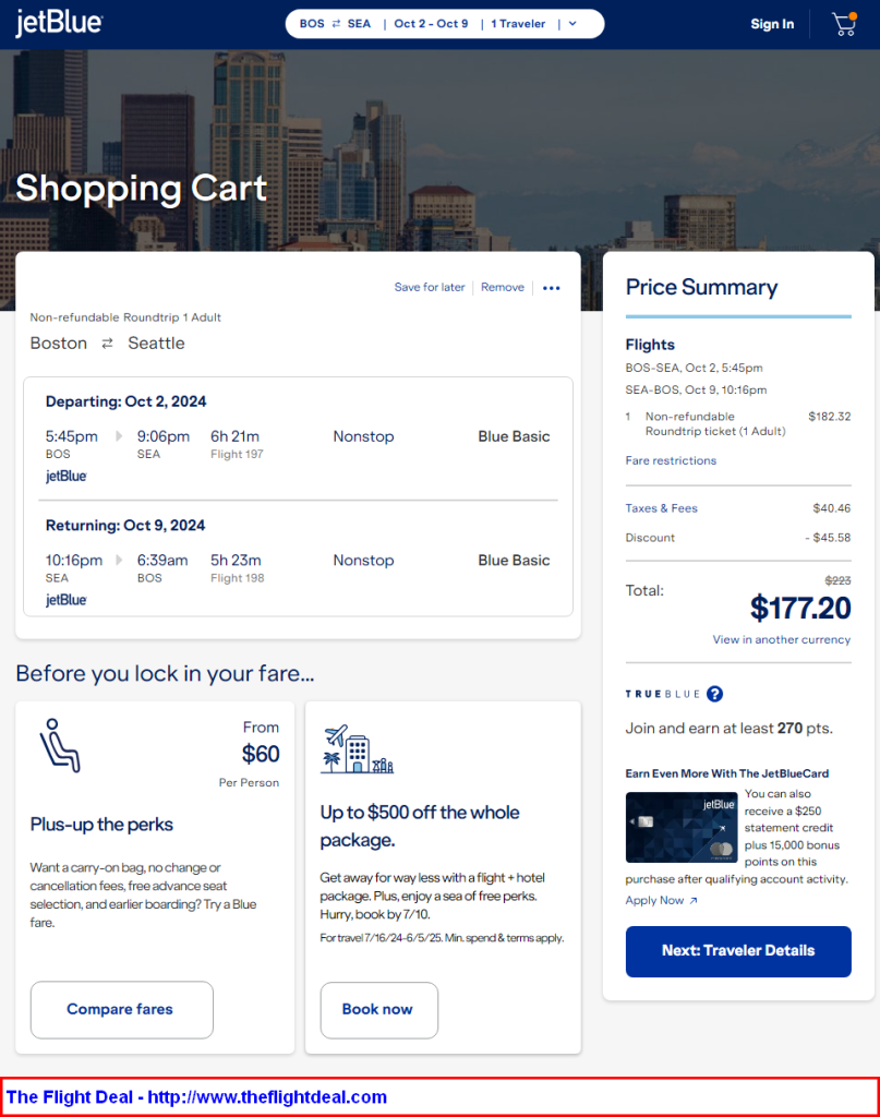 jetBlue: Boston – Seattle (and vice versa). $177 (Basic Economy) / $237 ...