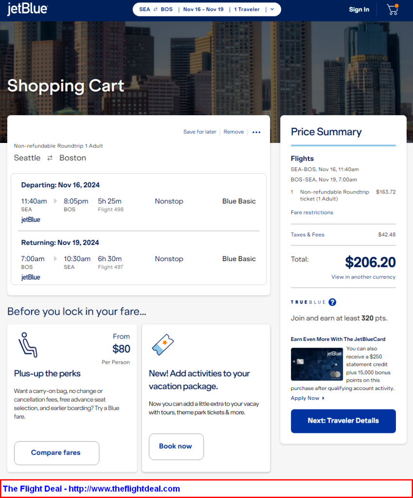 jetBlue: Seattle – Boston (and vice versa). $206 (Basic Economy) / $286 ...