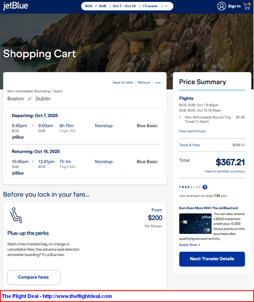 jetBlue: Boston – Dublin, Ireland. $367 (Basic Economy) / $567 (Regular ...
