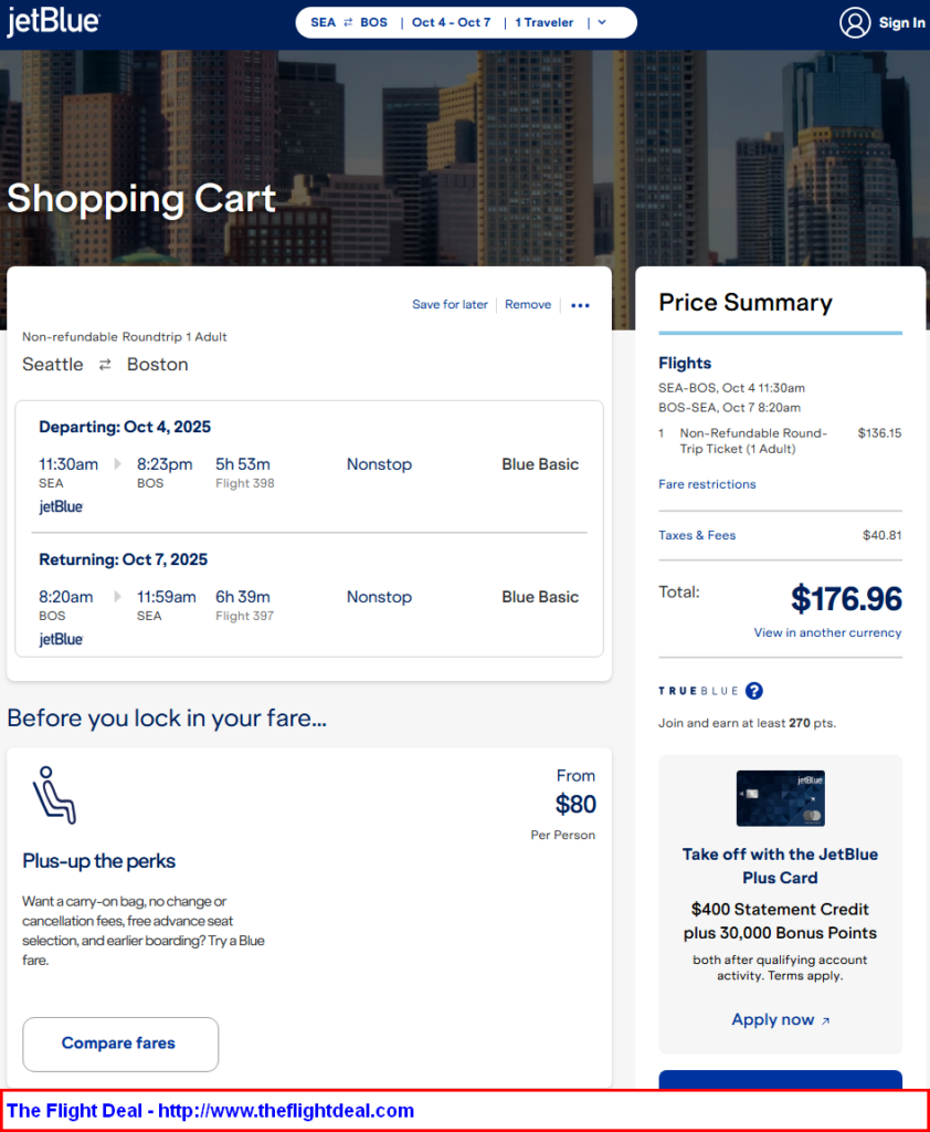 jetBlue: Seattle – Boston (and vice versa). $177 (Basic Economy) / $257 ...