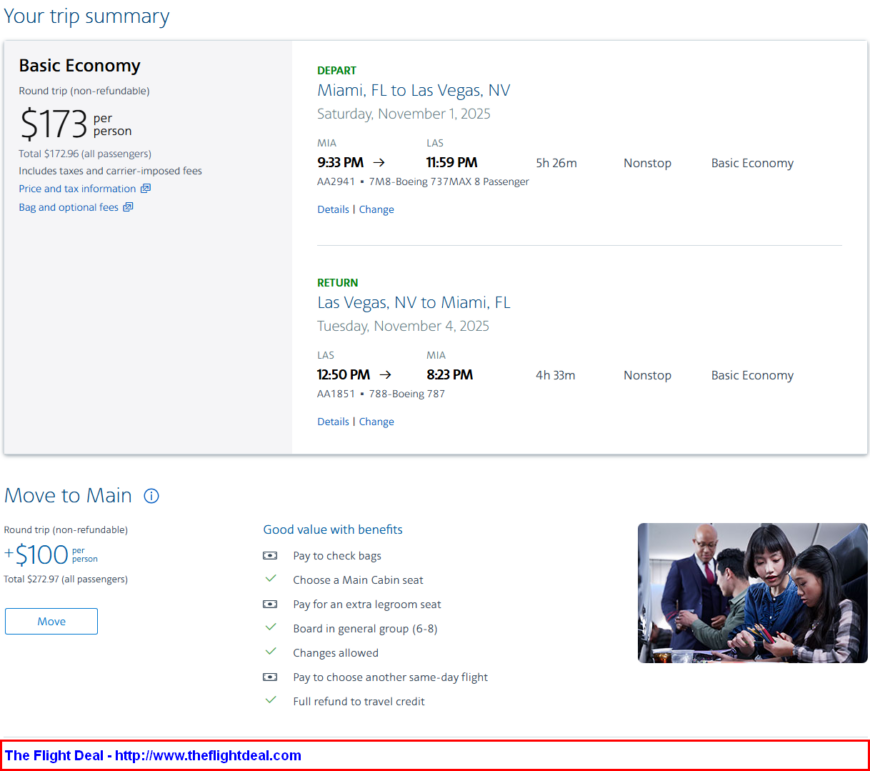 American: Miami – Las Vegas, Nevada (and vice versa). $173 (Basic ...