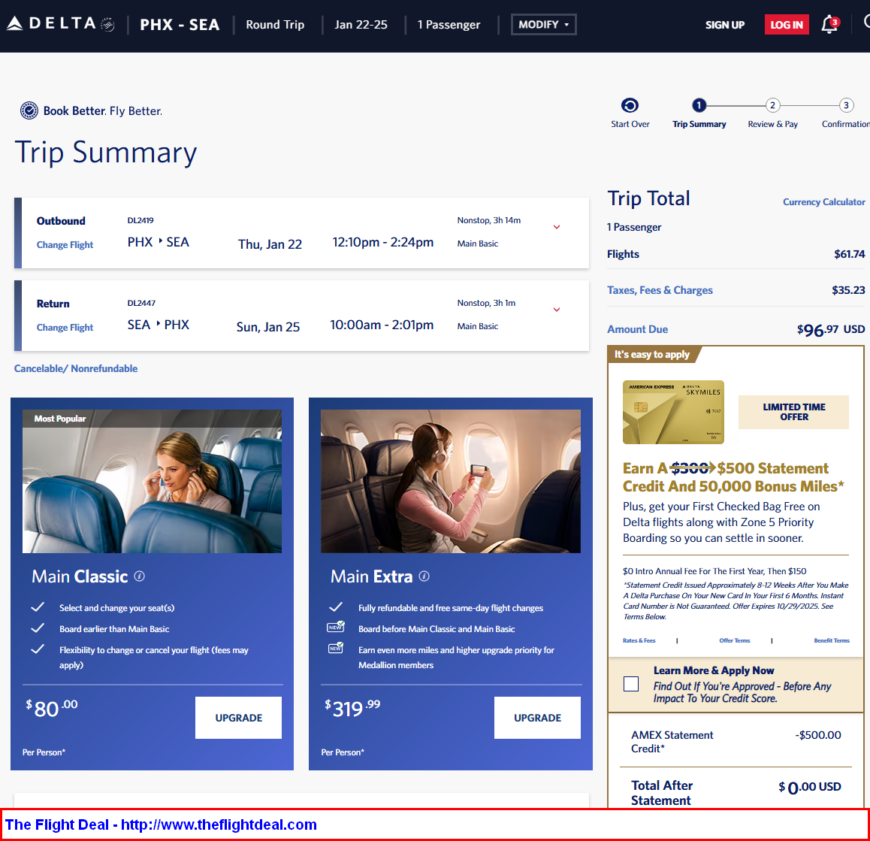 Delta: Phoenix – Seattle (and vice versa). $97 (Basic Economy) / $177 ...