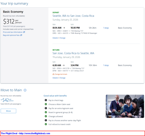 American: Seattle – San Jose, Costa Rica. $311 (Basic Economy) / $353 ...