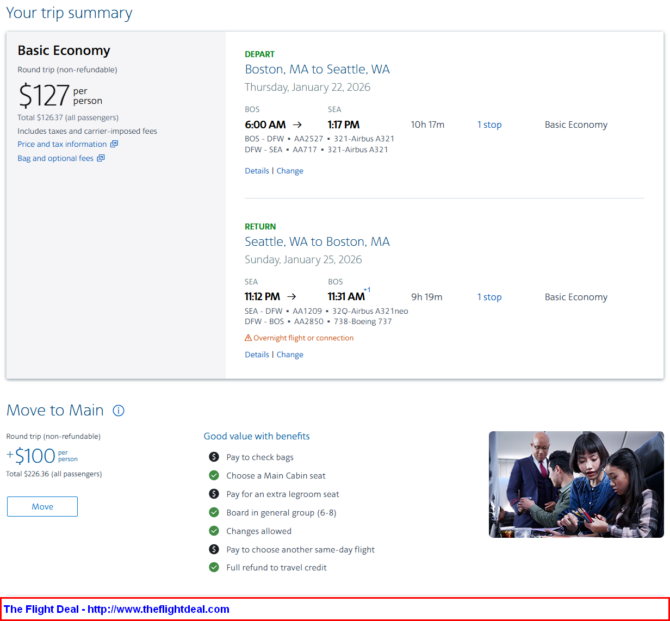American: Boston – Seattle (and vice versa). $126 (Basic Economy ...