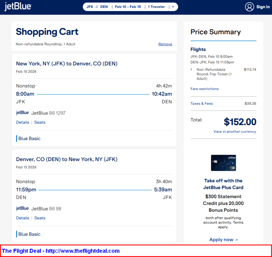 jetBlue: New York – Denver, Colorado (and vice versa). $152 (Basic ...