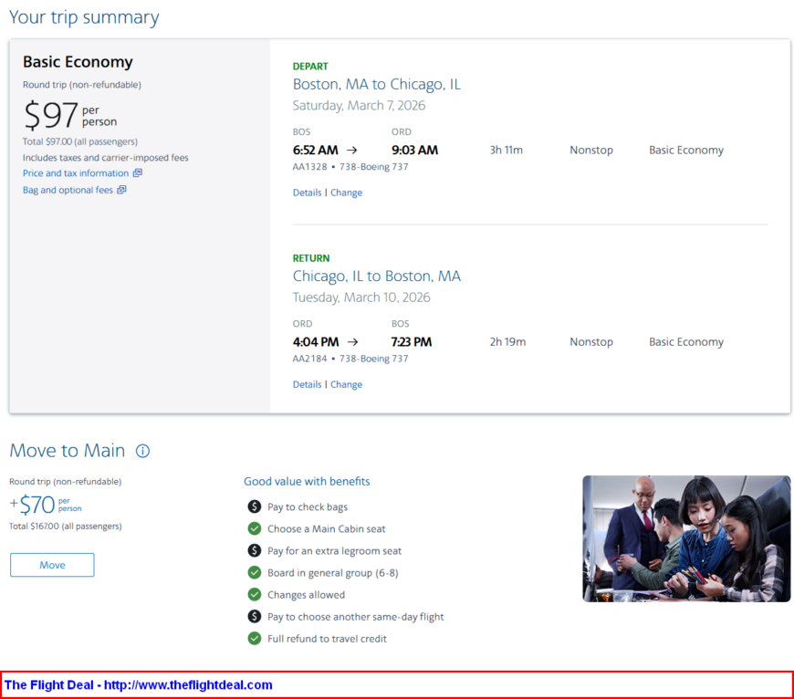 American: Boston – Chicago (and vice versa). $97 (Basic Economy) / $167 ...