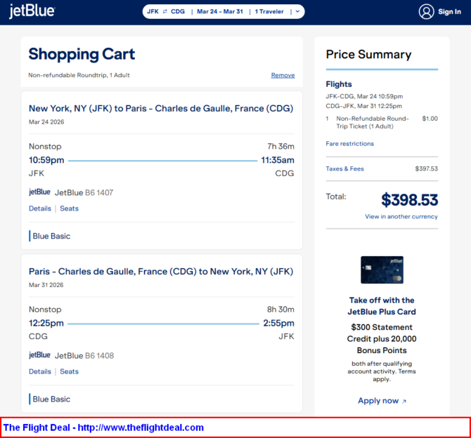 jetBlue: New York – Paris, France. $399 (Basic Economy) / $599 (Regular ...